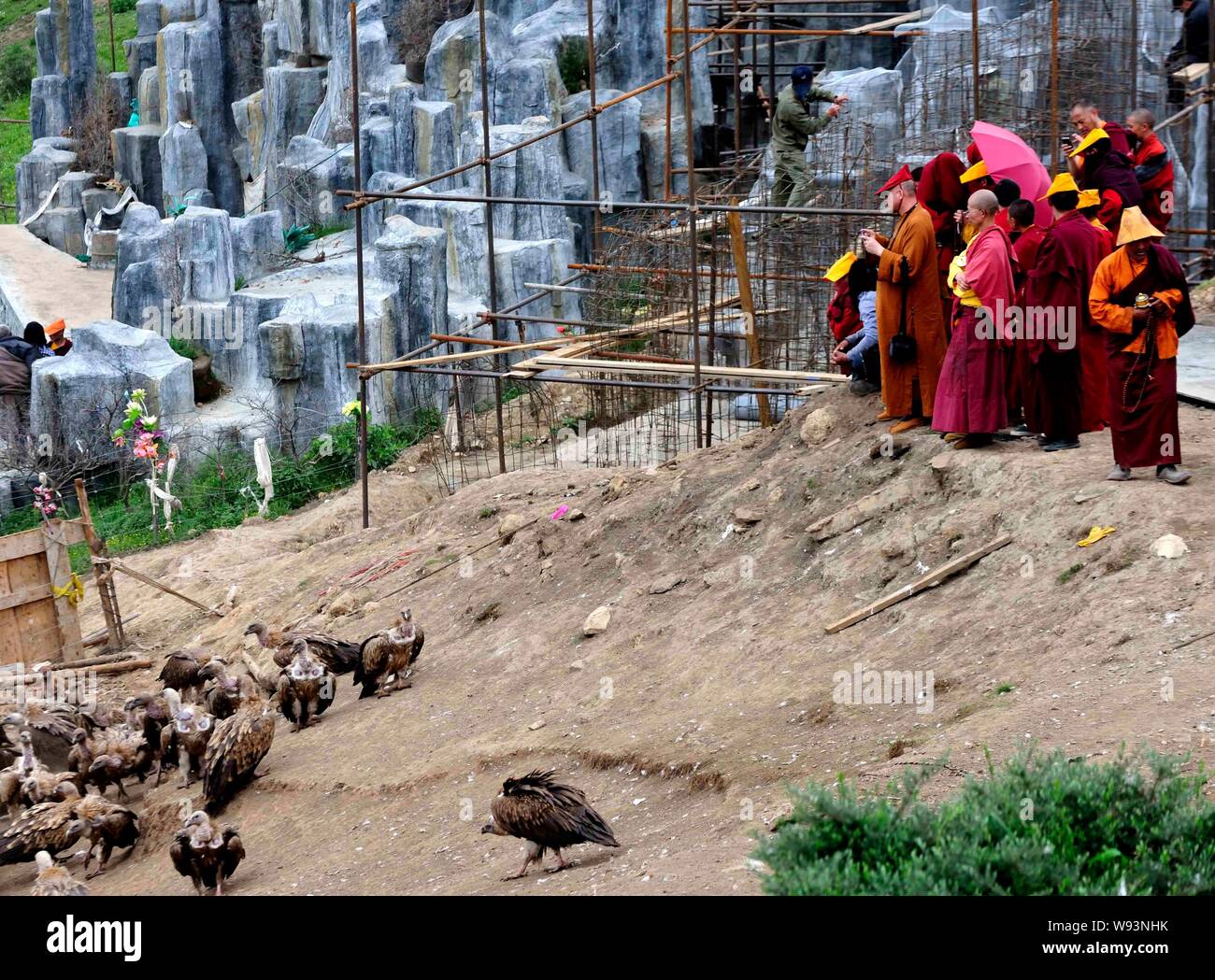 Local lamas and tourists look at a flock of vultures after a sky burial ...