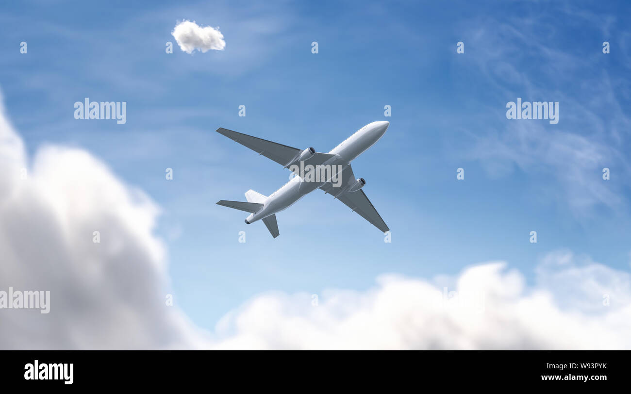 Blank white airplane mockup on sky background, bottom view, depth of ...