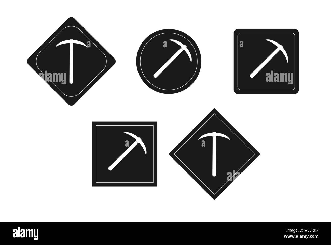 Pickaxe icon on black circle and square, simple flat design Stock ...