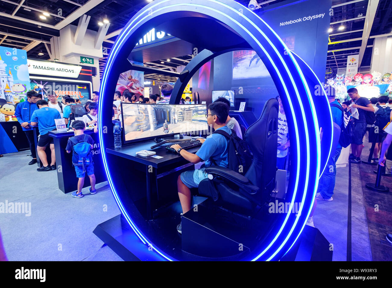 Hong Kong - July 30, 2019: Visitors are seen playing a Samsung Qled ...
