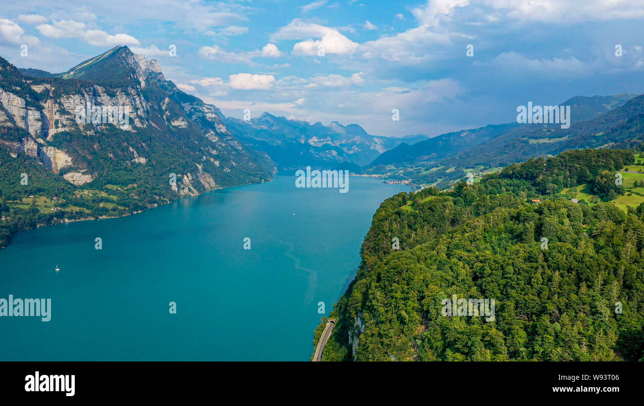 Lake Walensee in the Swiss Alps of Switzerland - aerial photography ...