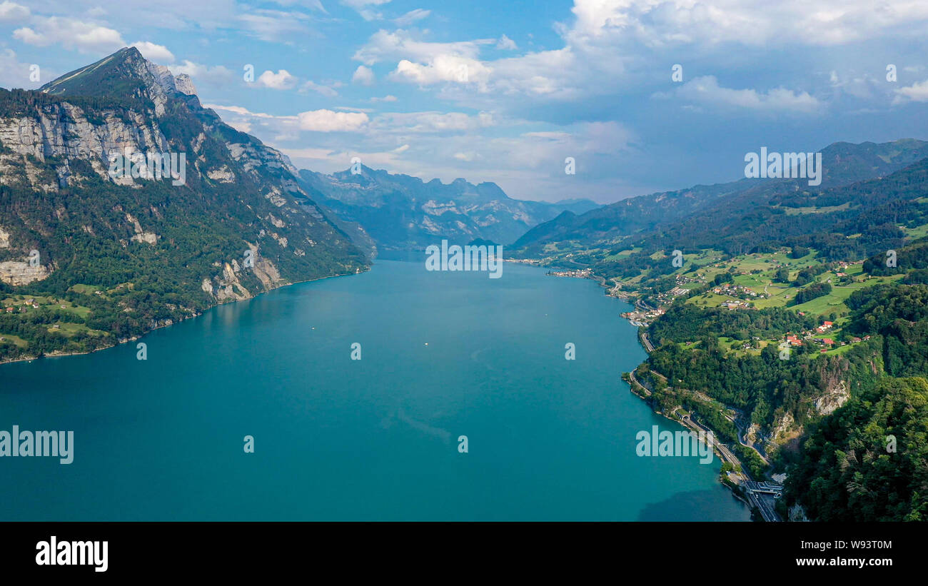 Lake Walensee in the Swiss Alps of Switzerland - aerial photography ...