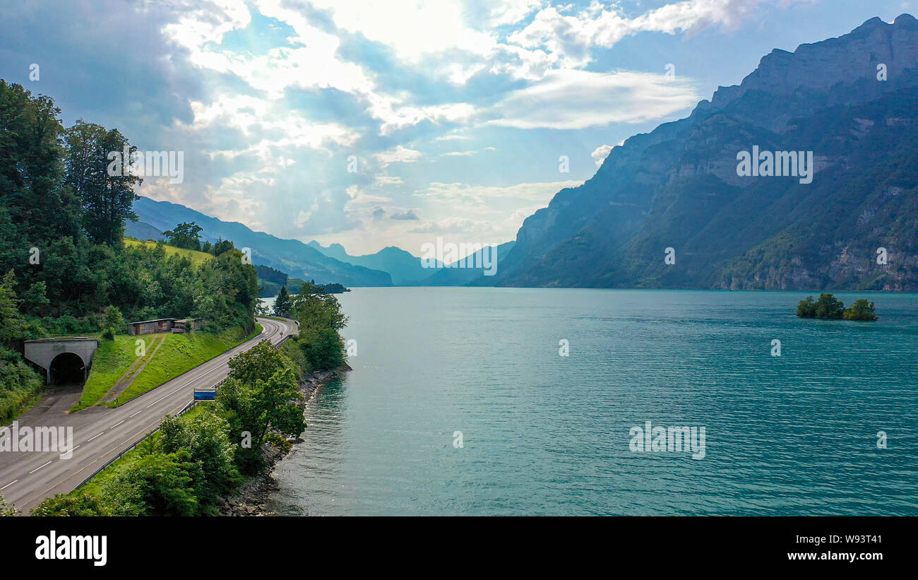 Lake Walensee in the Swiss Alps of Switzerland - aerial photography ...