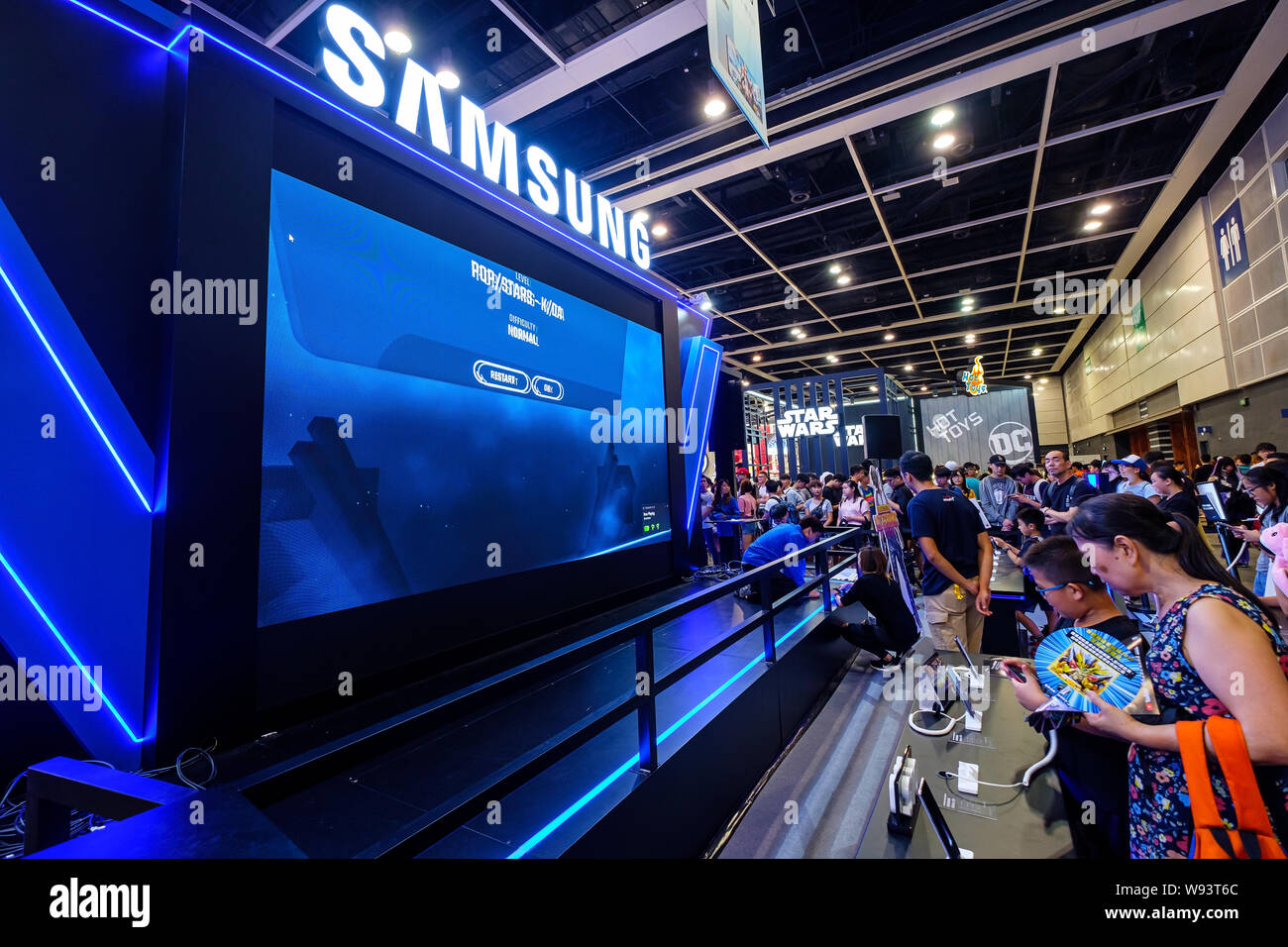 Hong Kong - July 30, 2019: Visitors are seen playing a Samsung gaming ...
