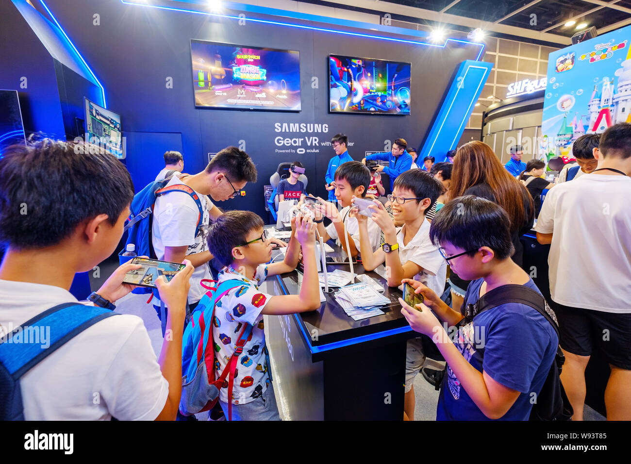 Hong Kong - July 30, 2019: Visitors are seen playing a Samsung gaming ...