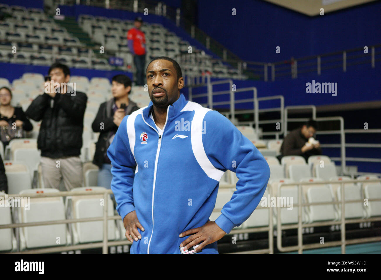 Gilbert Arenas of the Shanghai Sharks looks on during the warm-up ...