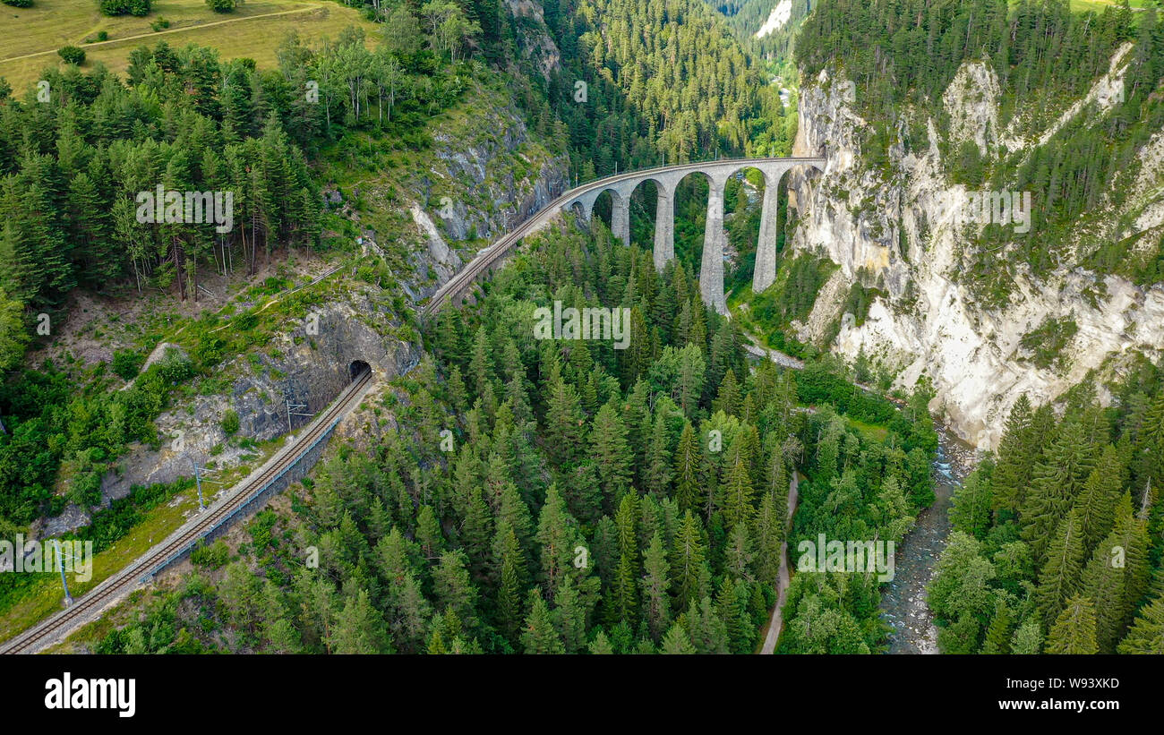 Famous Landwasser viaduct in the Swiss Alps from above - aerial ...