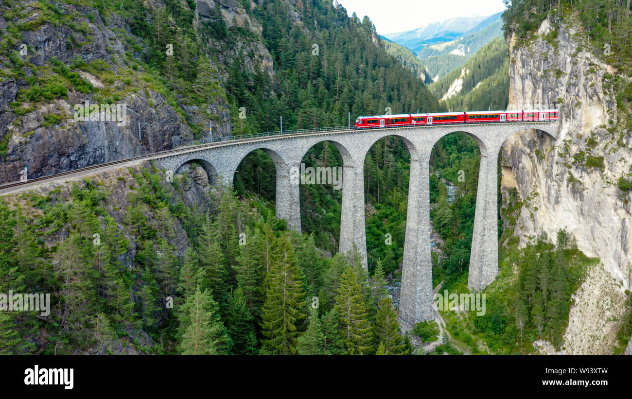 Famous Landwasser viaduct in the Swiss Alps from above - aerial ...