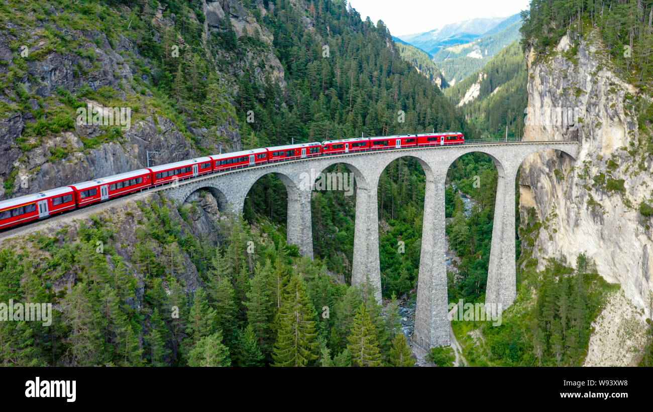 Famous Landwasser viaduct in the Swiss Alps from above - aerial ...