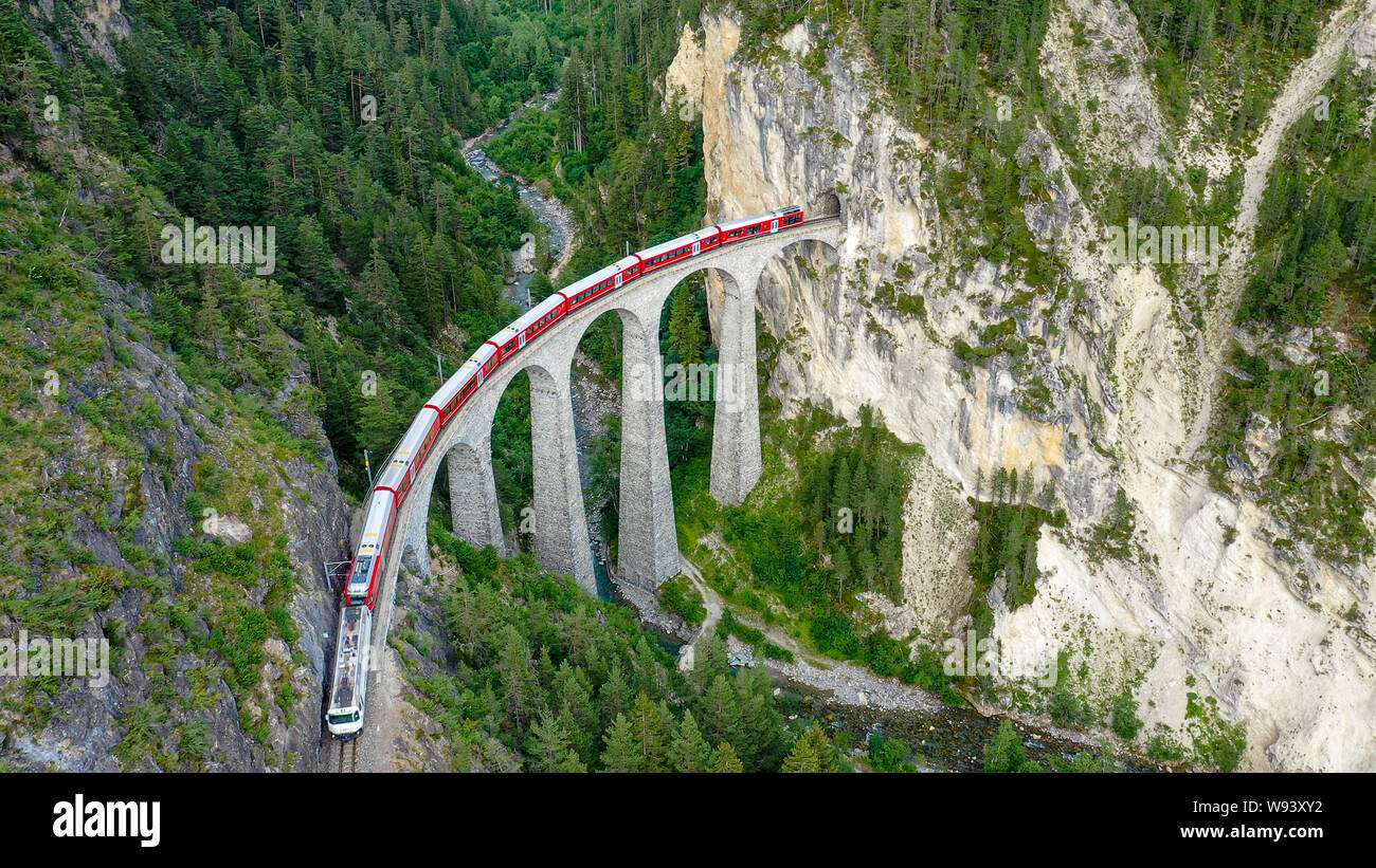 Famous Landwasser viaduct in the Swiss Alps from above - aerial ...