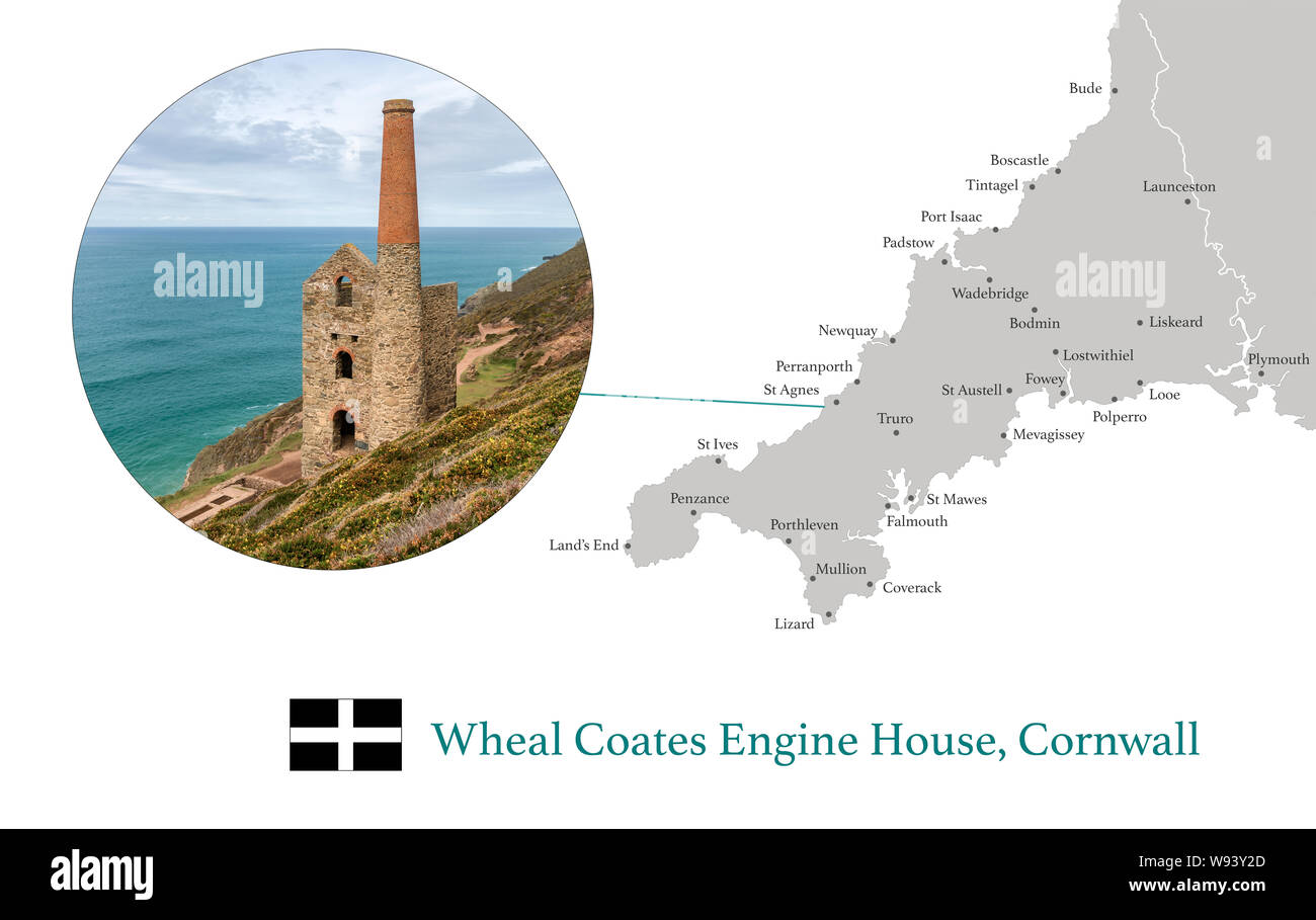 Map of Cornwall, featuring photographic image of Wheal Coates Engine ...