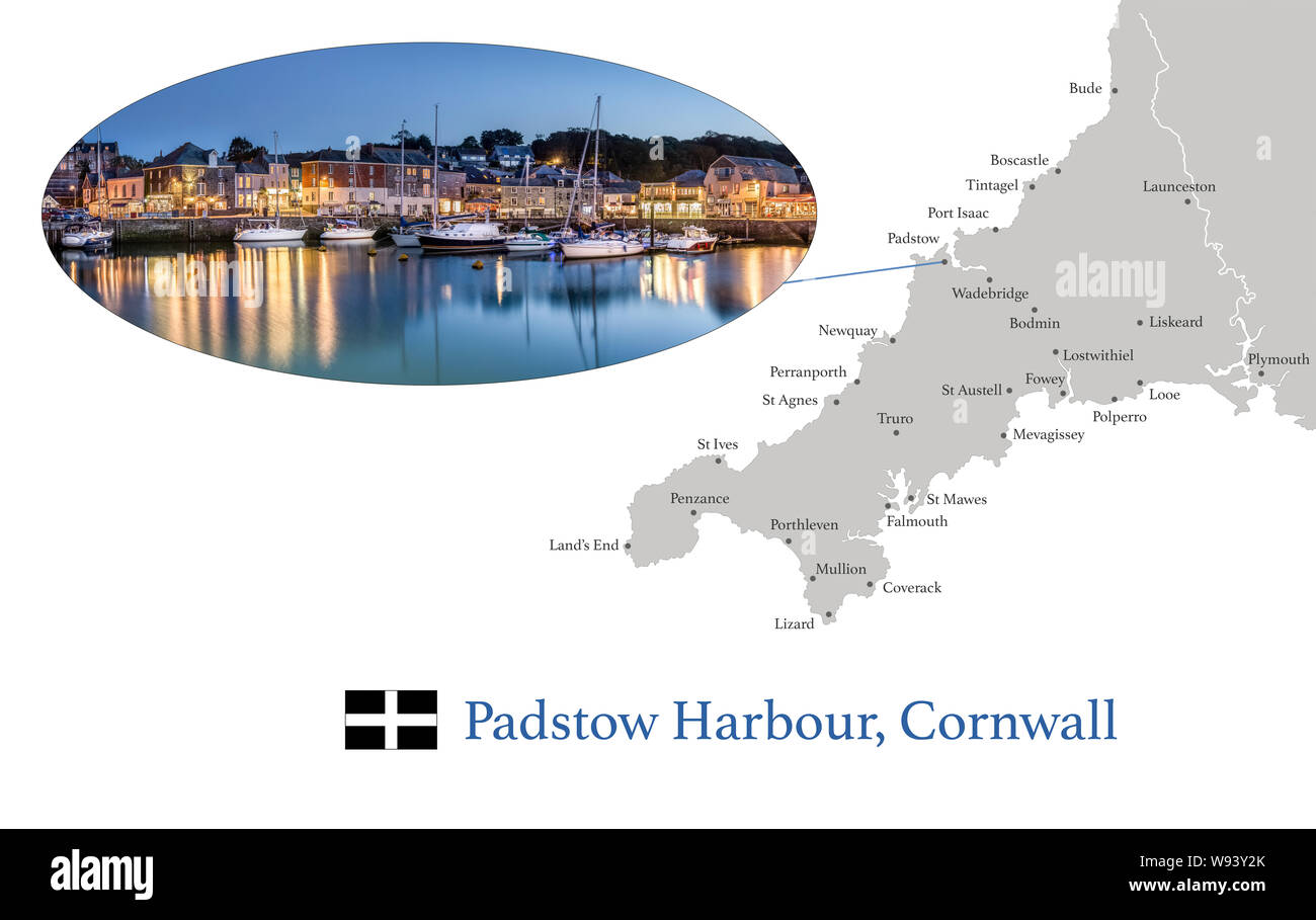 Map of Cornwall, featuring photographic image of Padstow Harbour at ...