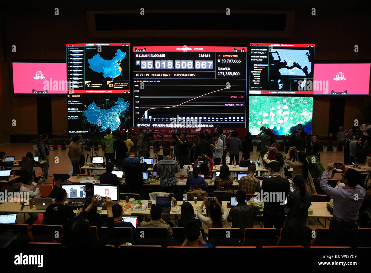 Media staff members take photos of a big screen displaying real-time ...