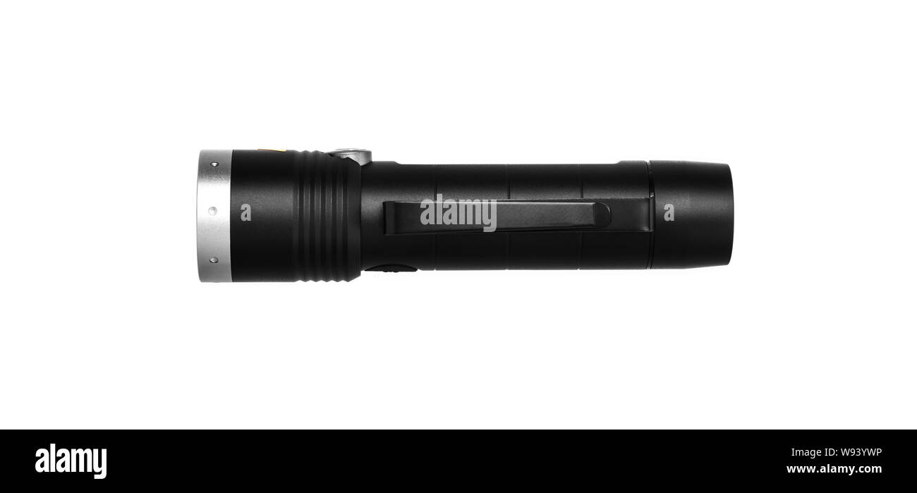 modern black metal flashlight isolated on white background Stock Photo ...