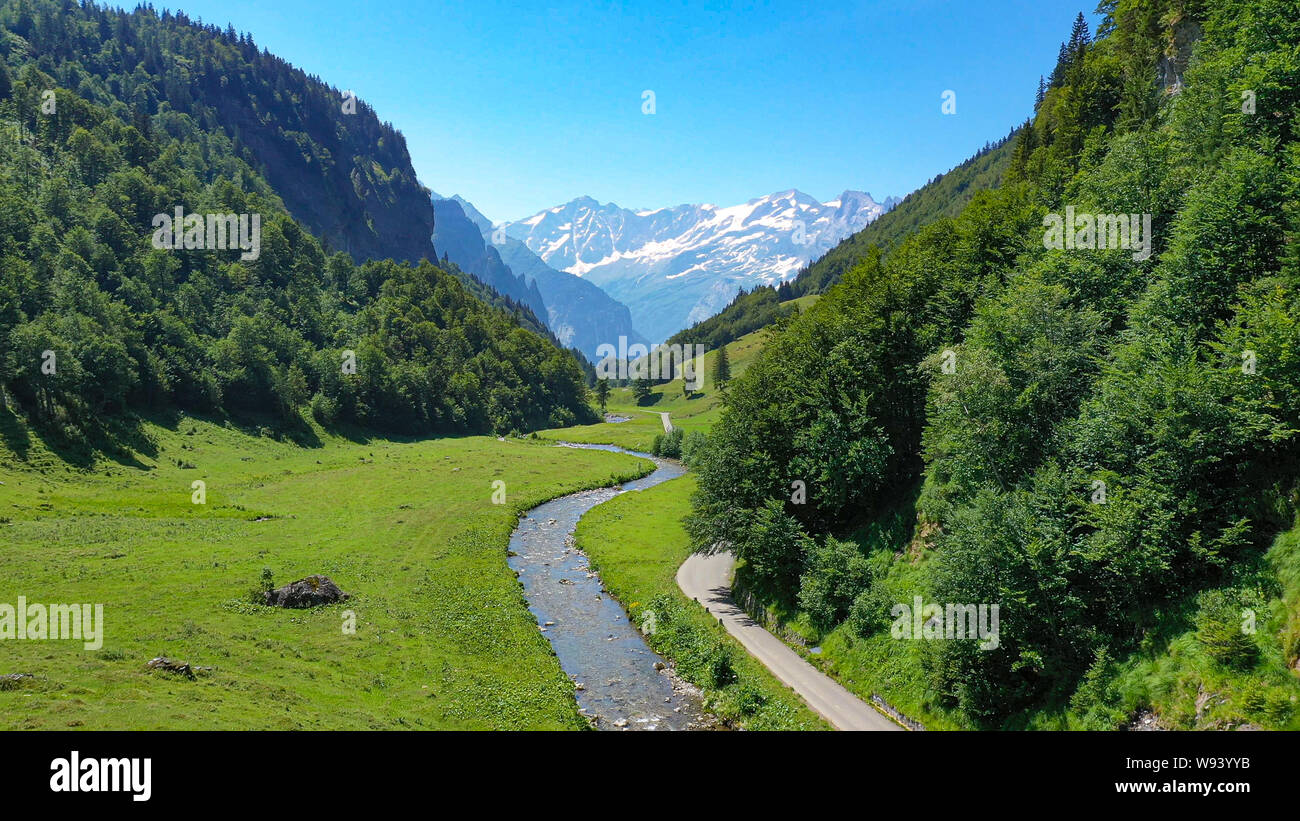 Beautiful valley in Switzerland - the Swiss Alps from above - aerial ...