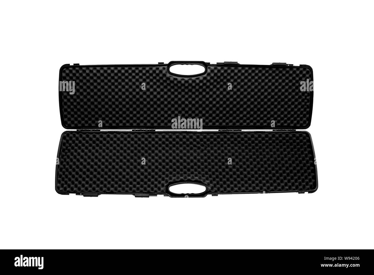 Open black plastic case with foam inside. Weapon case isolate on white ...