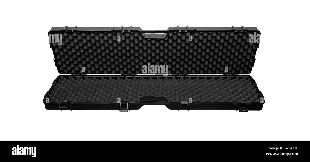 Open black plastic case with foam inside. Weapon case isolate on white ...