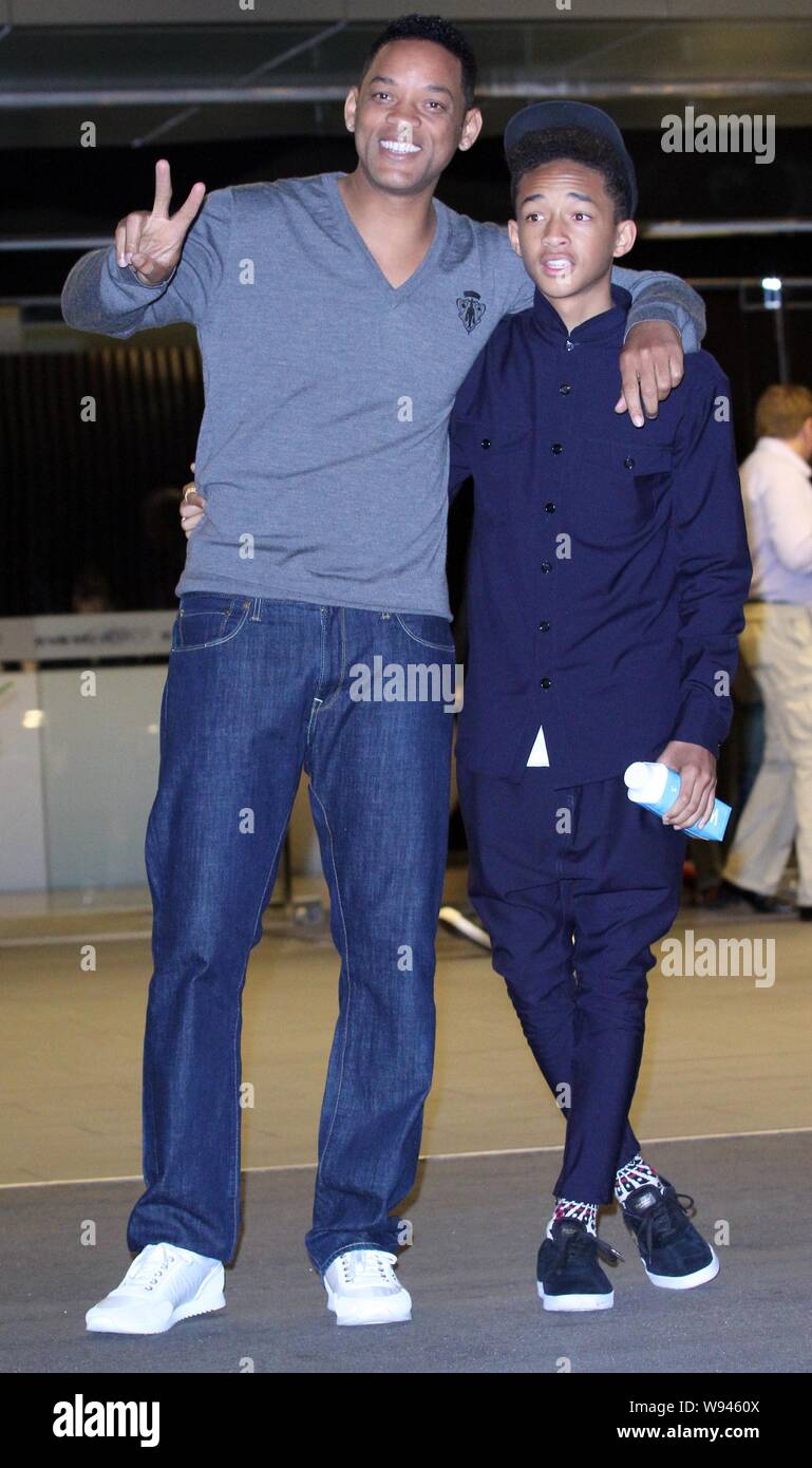 American actor Will Smith and his son Jaden Smith pose as they arrive ...