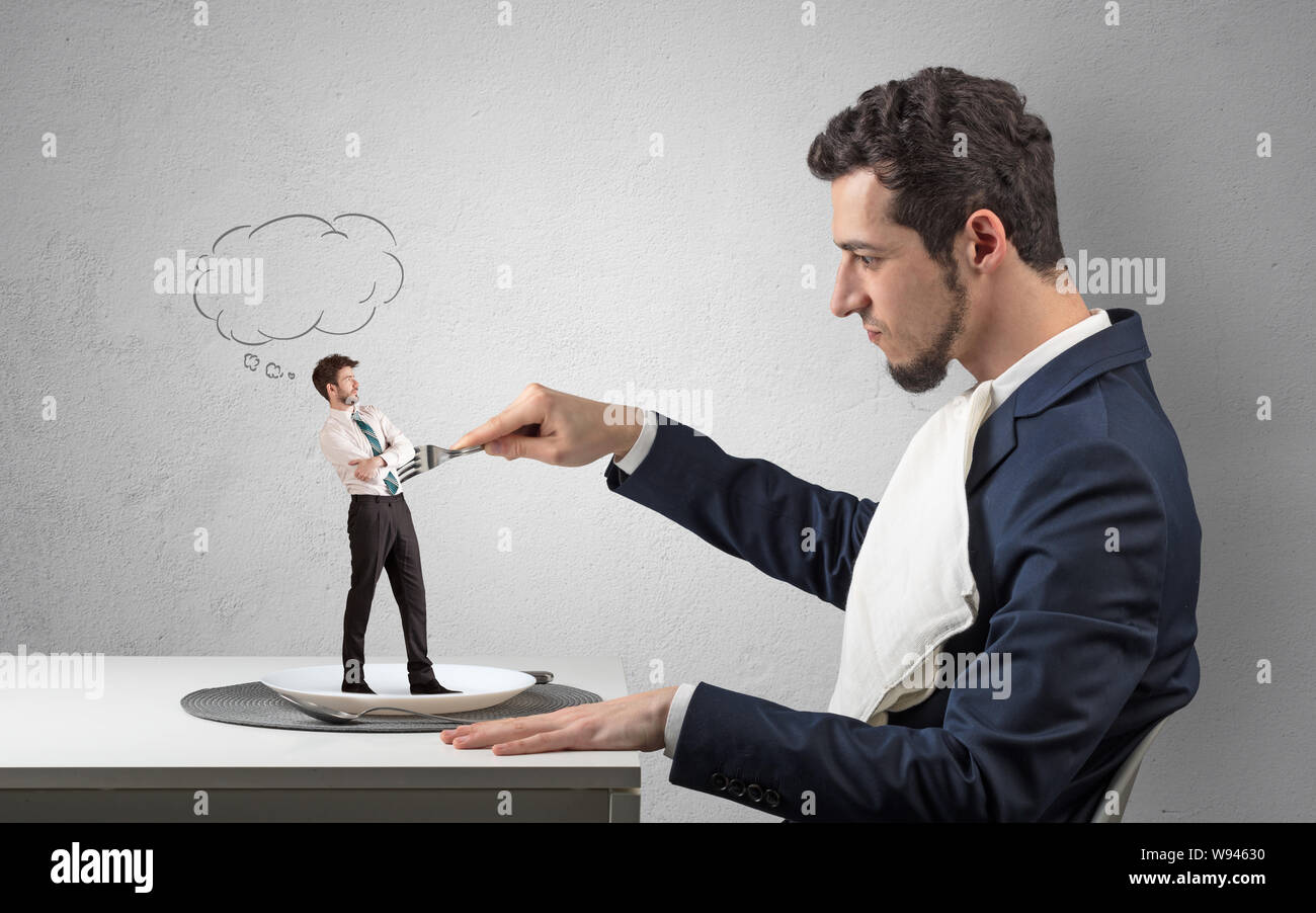 Big businessman want to eat small man with cloud messages above his ...