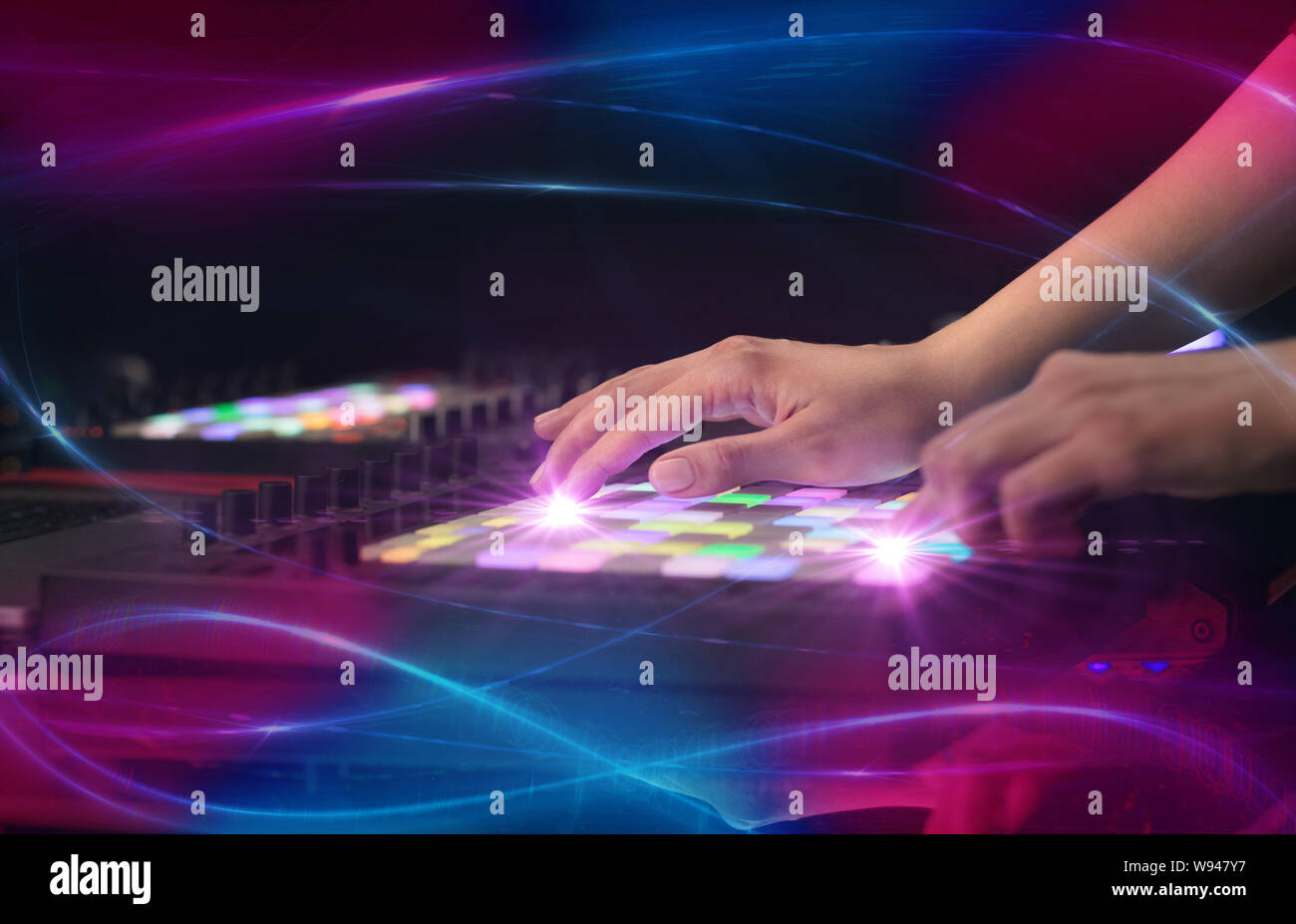 Hand mixing music on midi controller with wave vibe concept Stock Photo ...