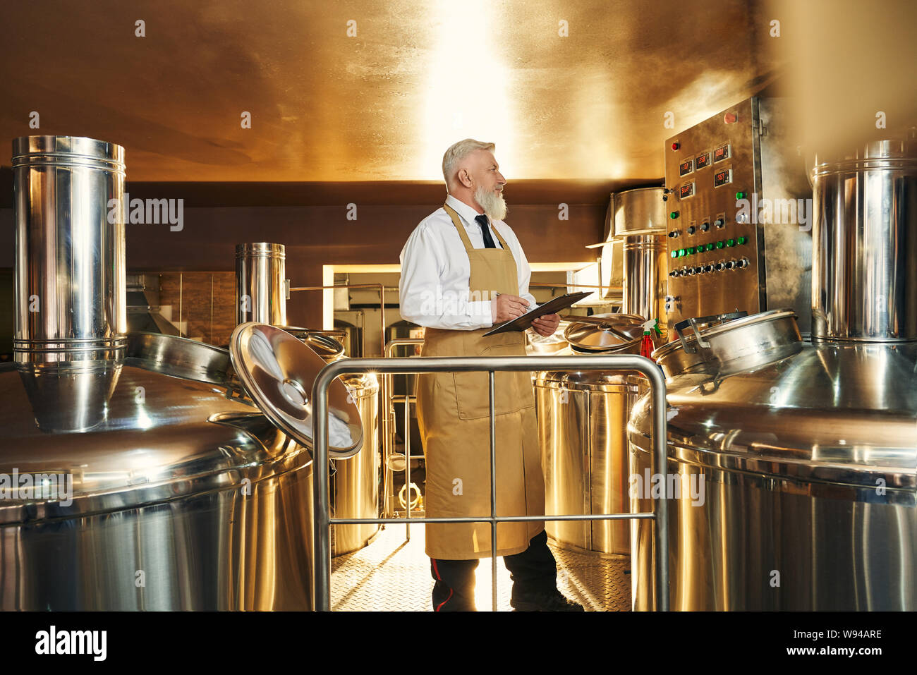 Side view of professional male brewer keeping folder and controlling ...