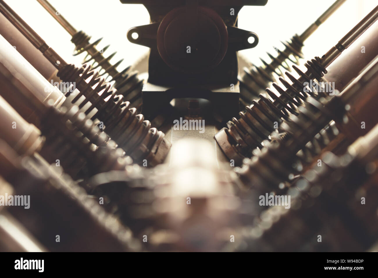 Inside of an old V8 engine used in Vehicles and Airplanes showing the ...