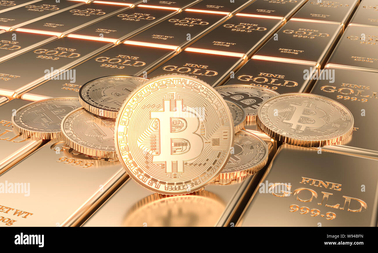 coins with bitcoin symbol on gold bars. 3d image render. Cryptocurrency ...