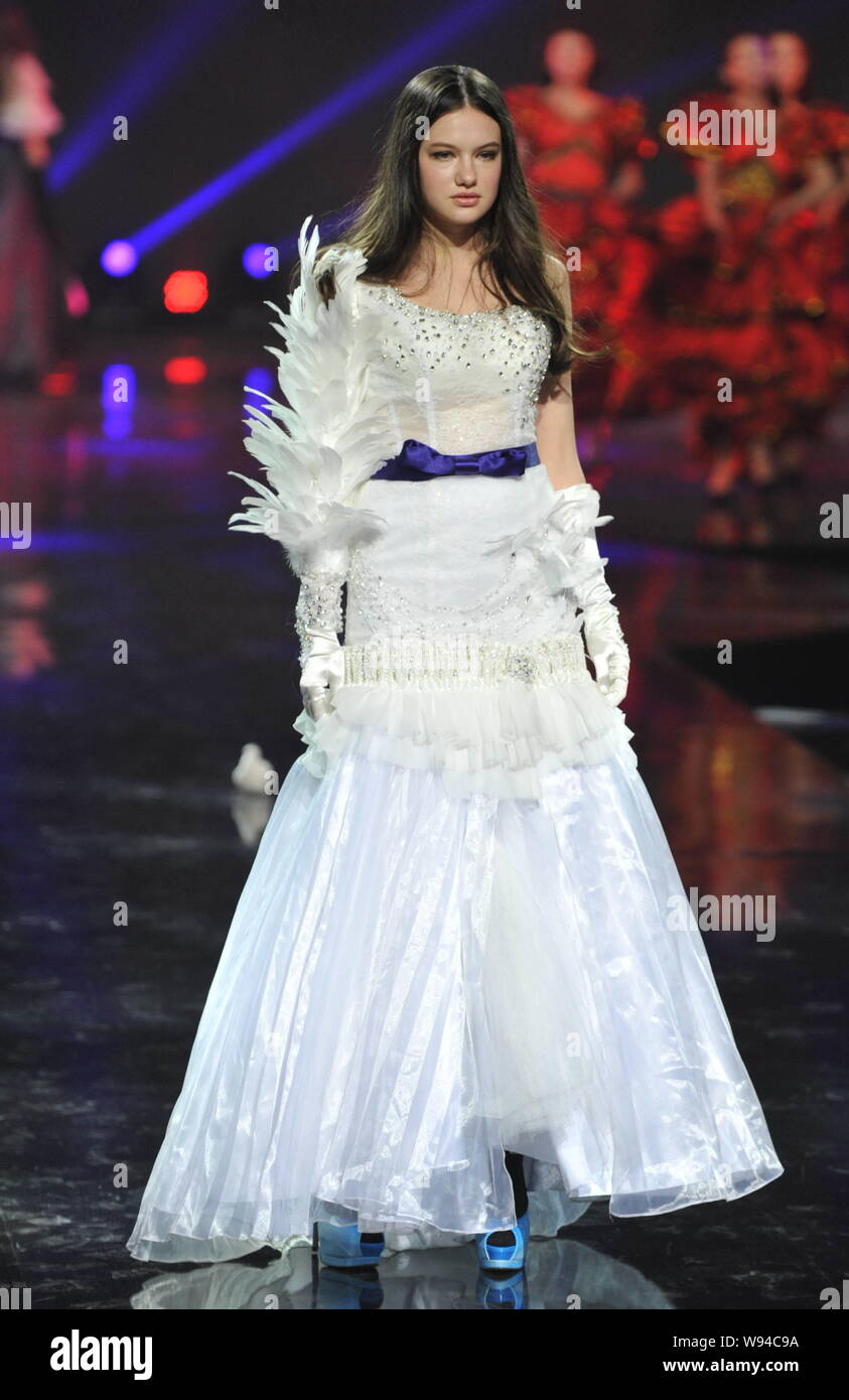 A model displays a new creation by fashion designer Mark Cheung in the ...