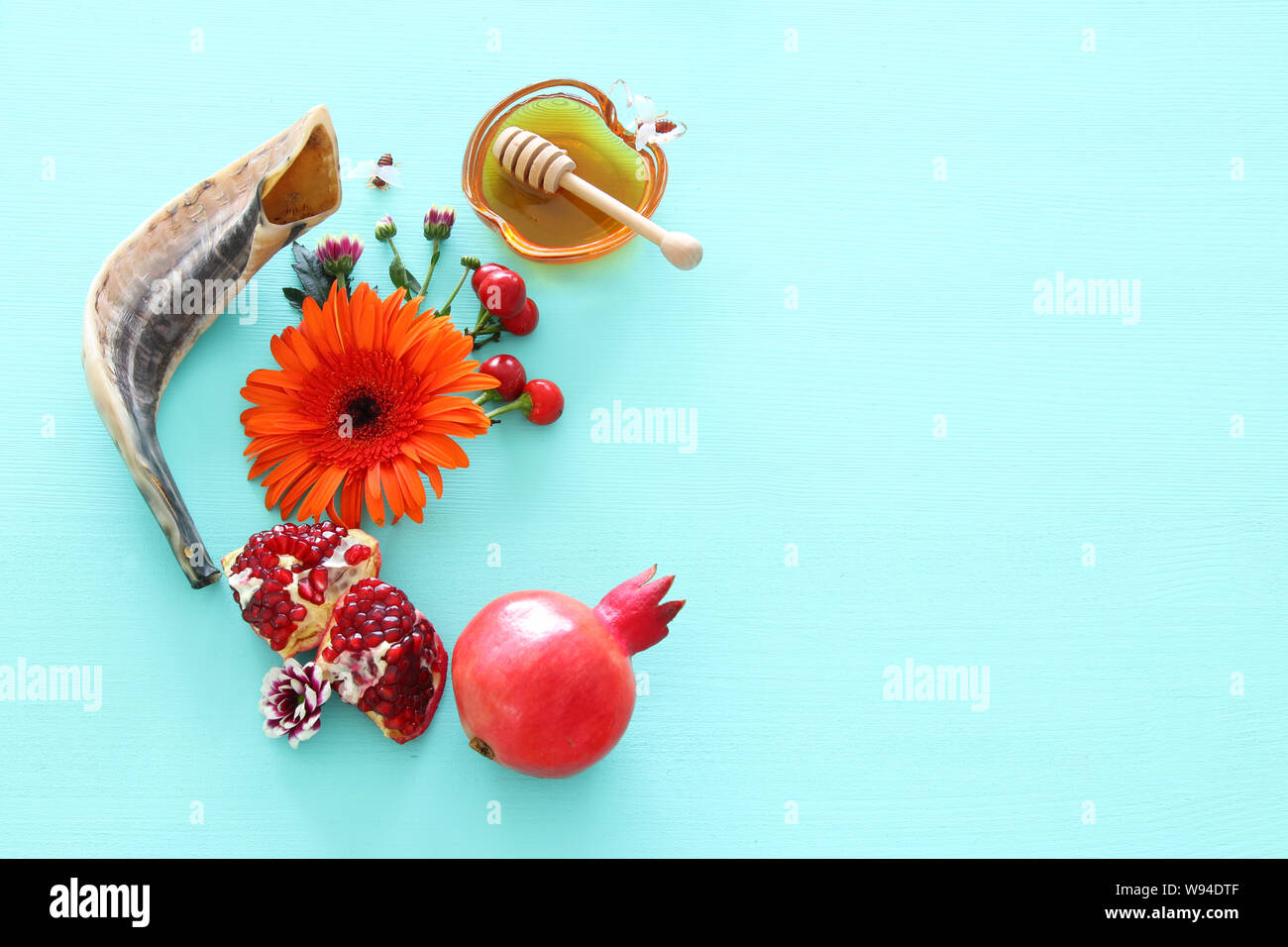 religion image of Rosh hashanah (jewish New Year holiday) concept. Traditional symbols over ...