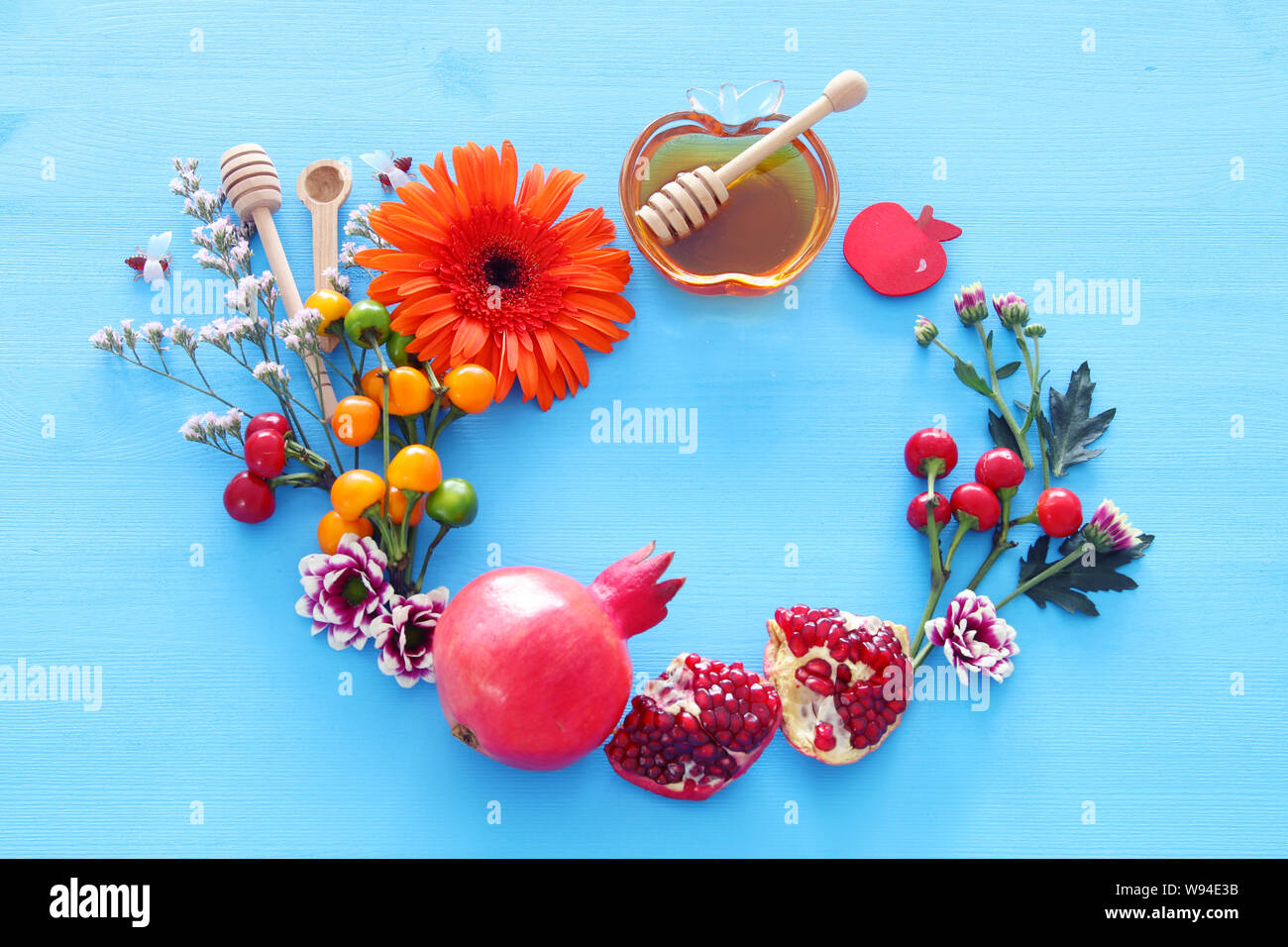 religion image of Rosh hashanah (jewish New Year holiday) concept. Traditional symbols over ...