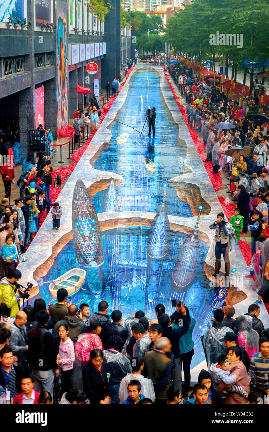 Visitors look at the 200-meter long, 6.1-meter wide 3D painting created ...