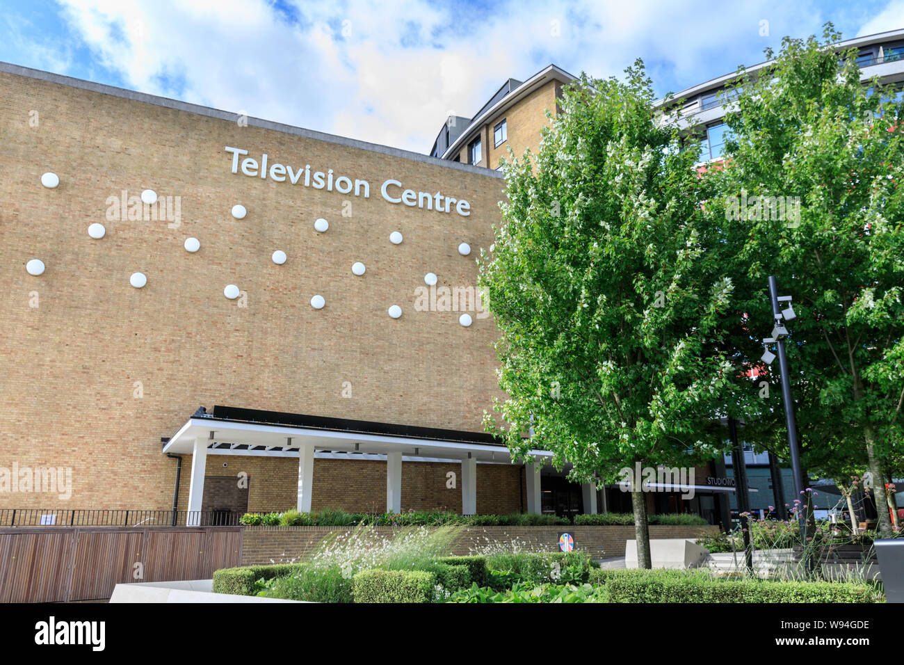 Logo and sign at BBC Television Centre building complex in White City ...