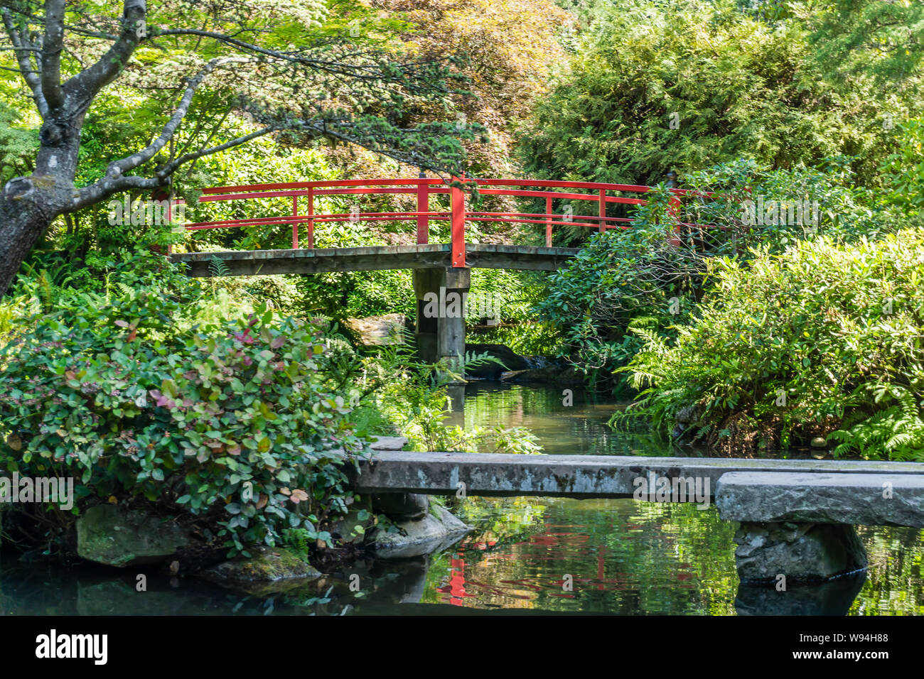 A red walking bridge spans a pond in Renton, Washington Stock Photo - Alamy