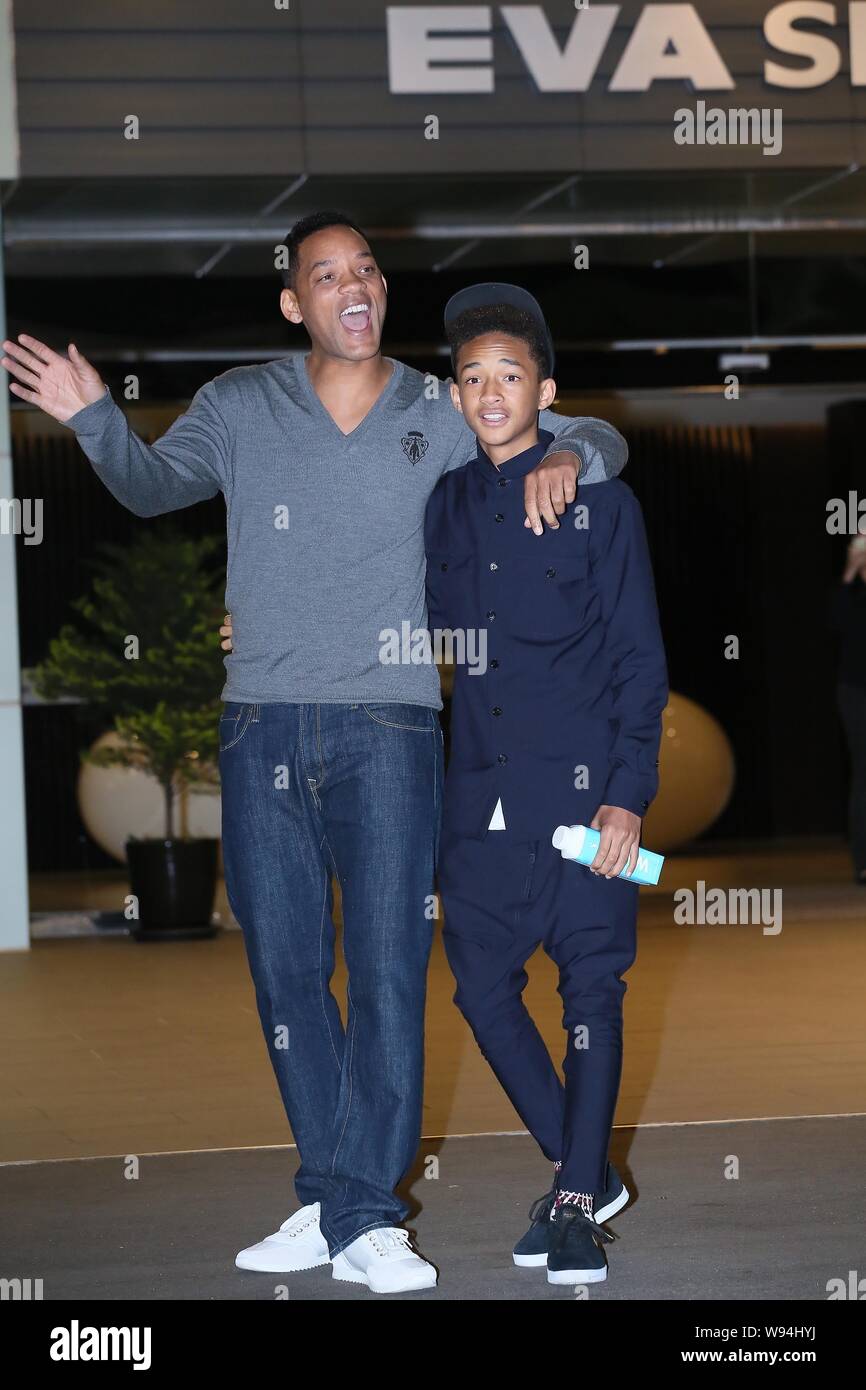 American actor Will Smith and his son Jaden Smith react to fans as they ...