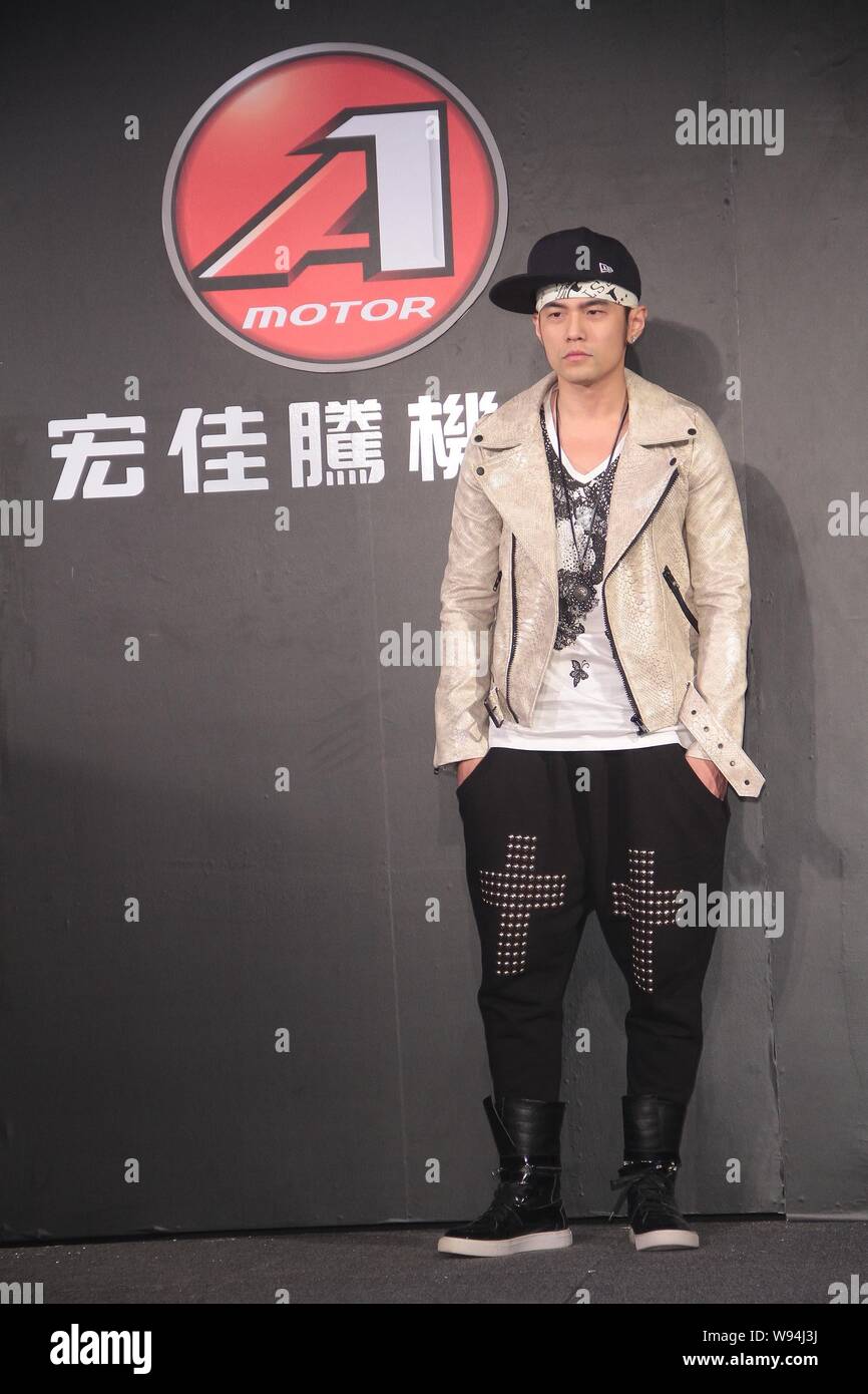 Taiwanese singer and actor Jay Chou poses during the press conference ...