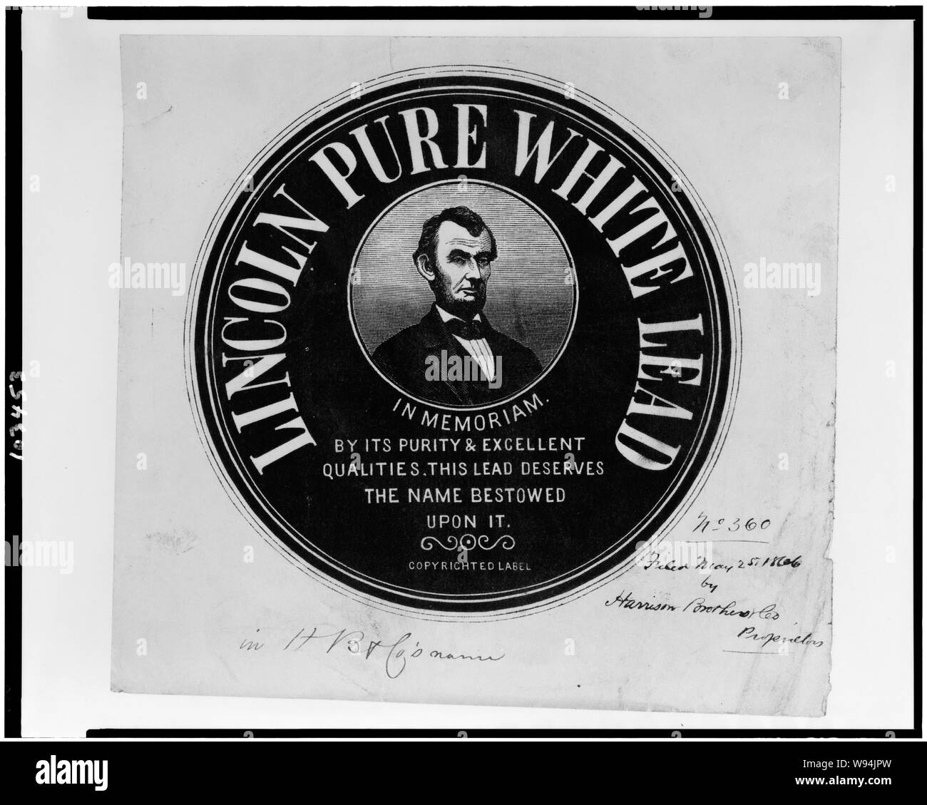 Advertising label for Lincoln Pure White Lead paint, with head-and ...