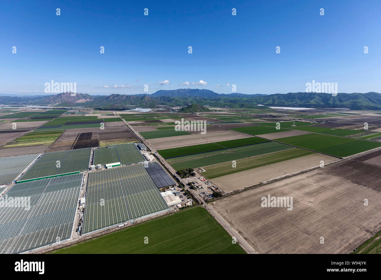 Aerial view of farm fields and the Santa Monica Mountains near ...