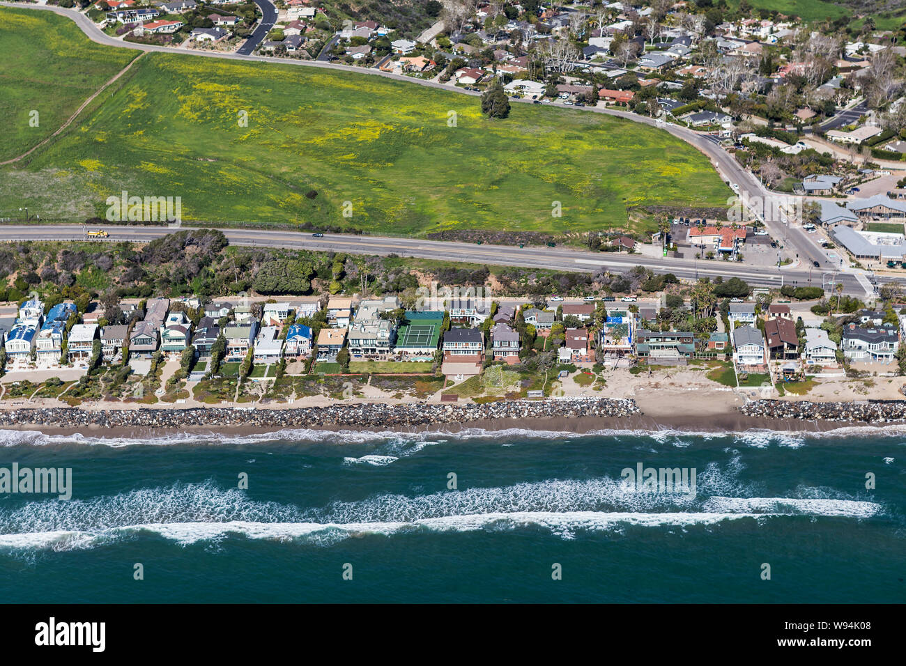 Aerial view of Pacific Coast Highway homes near Los Angeles and Santa ...