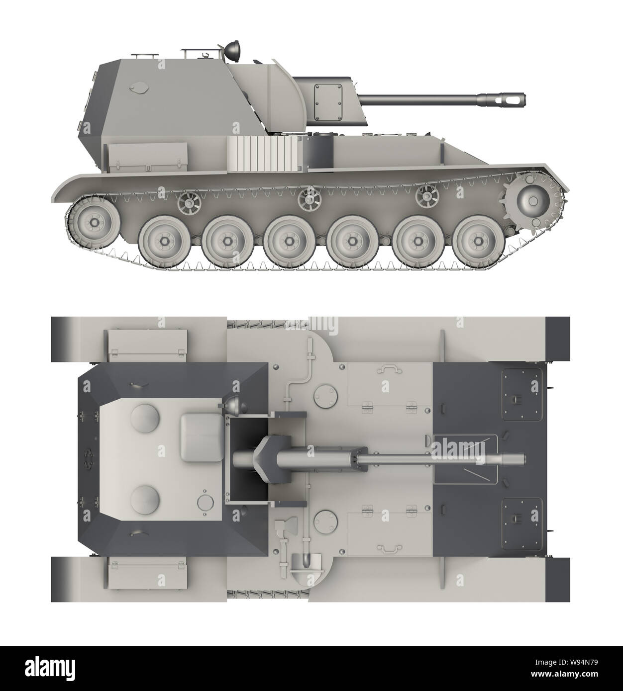 military tank side and top view isolated on white. 3d rendering Stock ...