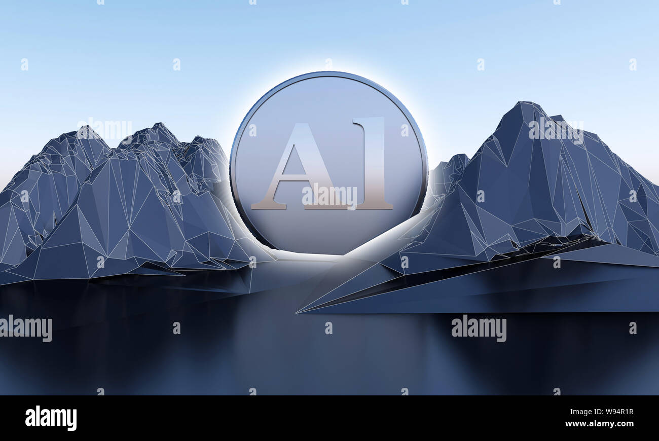 aluminum symbol in shape of coin in abstract mountains. 3d rendering ...