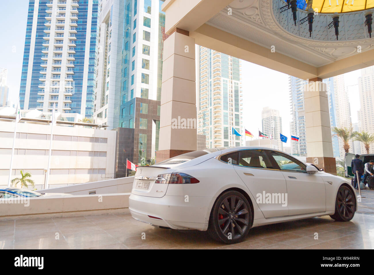 Dubai, UAE - January 11, 2019: Electric motor car Tesla in the city ...