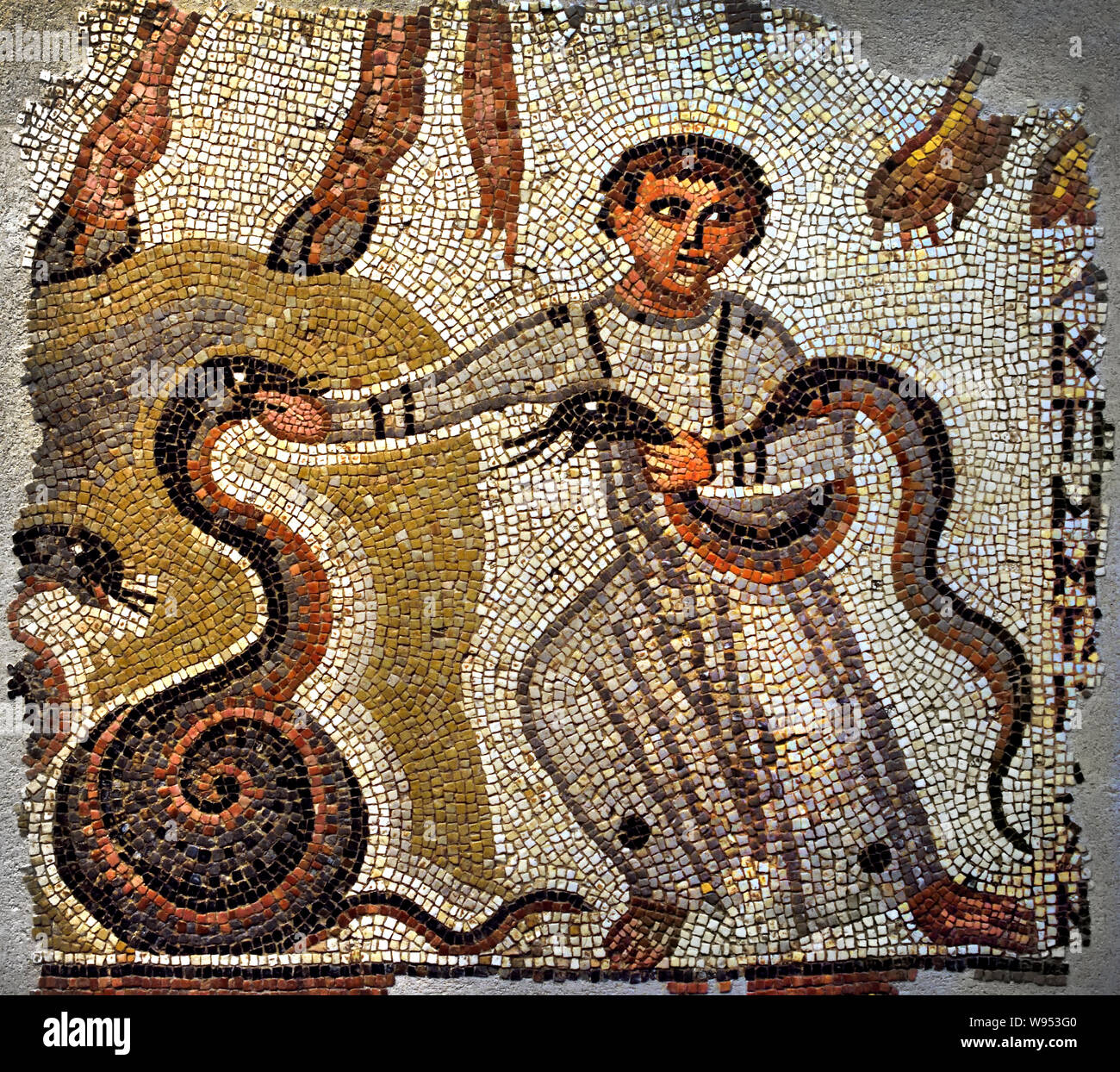 Young boy playing with snakes Syria in Lebanon (Persia) Mosaic - Cubes ...
