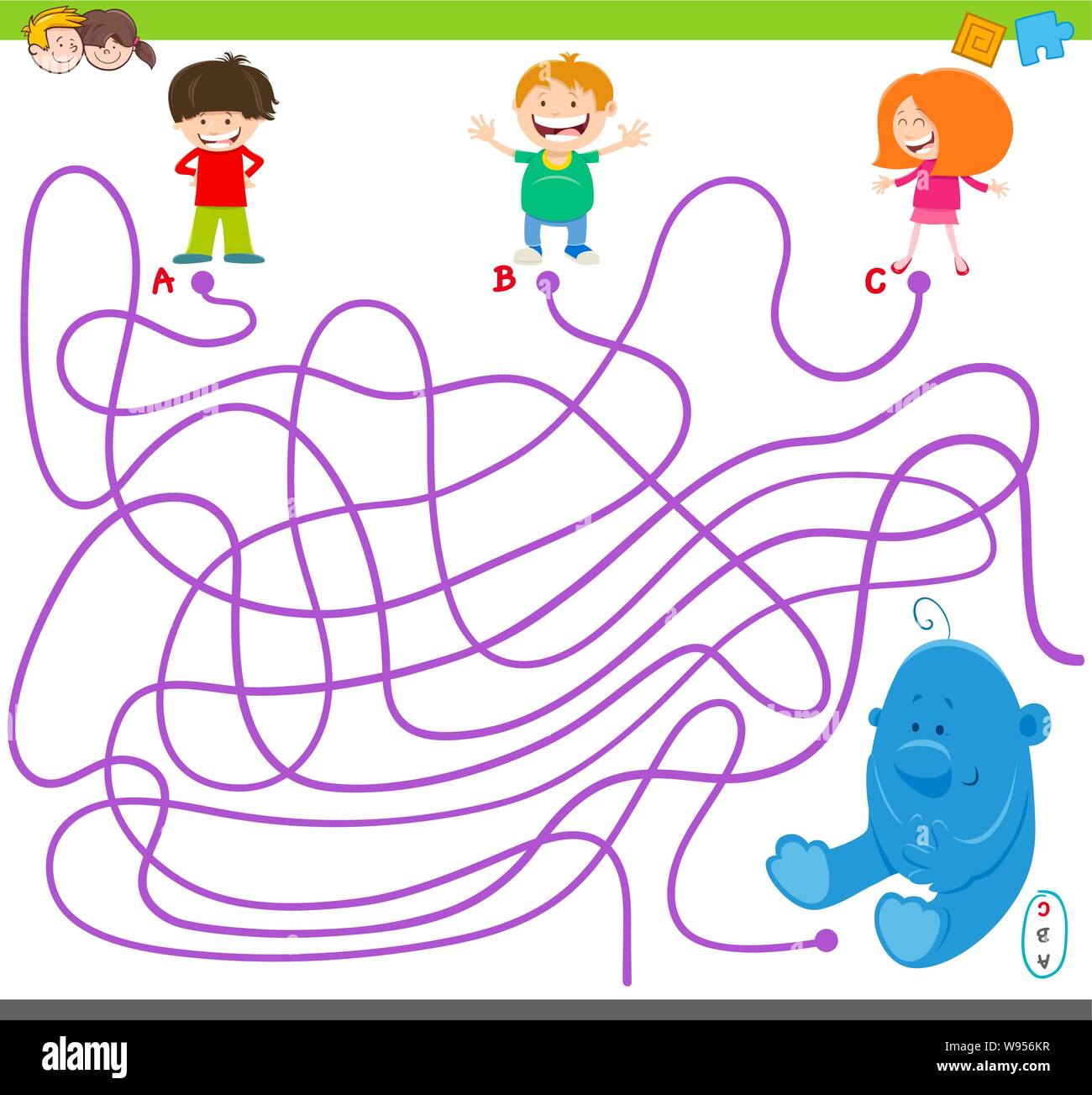 Cartoon Illustration of Lines Maze Puzzle Activity Game with Kids and ...