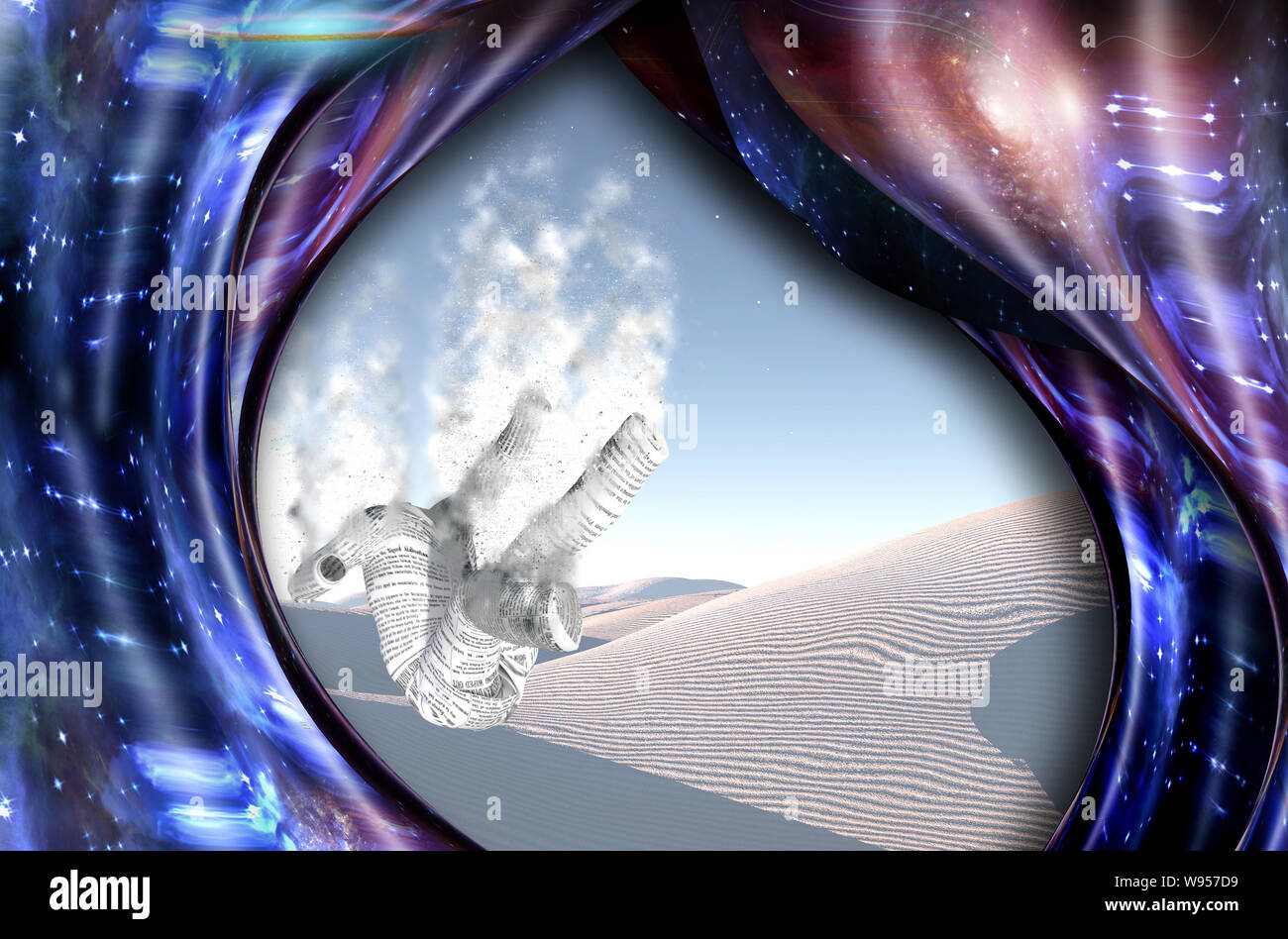 Surreal white desert. Empty paper man's figure falls down. Warped space ...