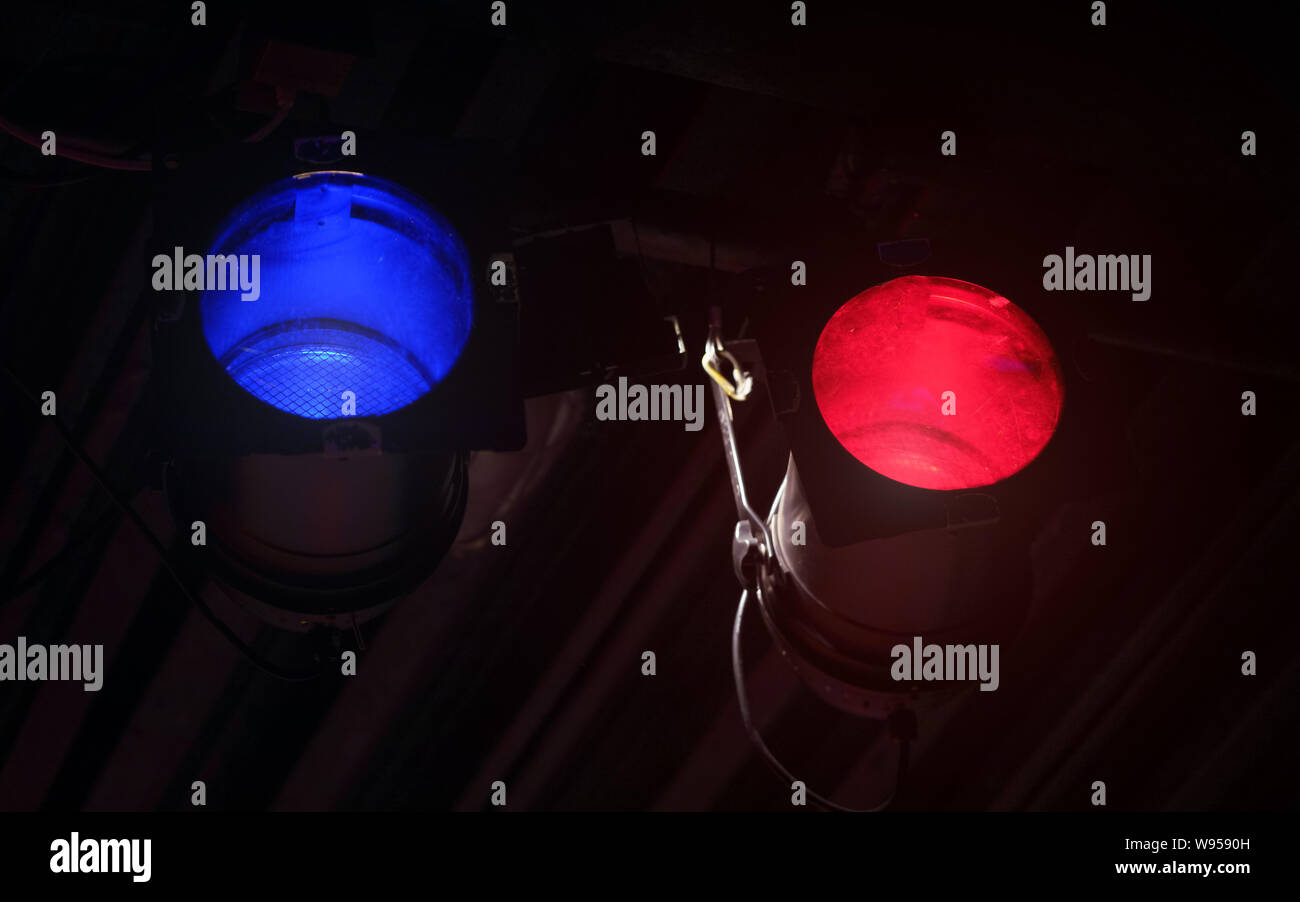 Blue and red reflector light used in theatre Stock Photo - Alamy
