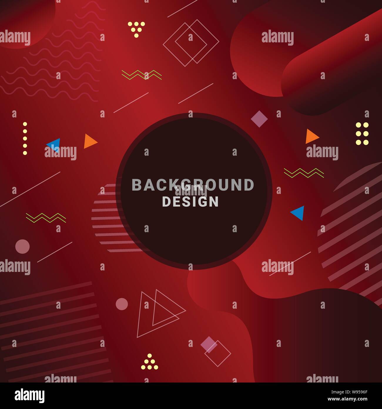 Dark Red Memphis Background, with modern dot, triangle, square, wave ...