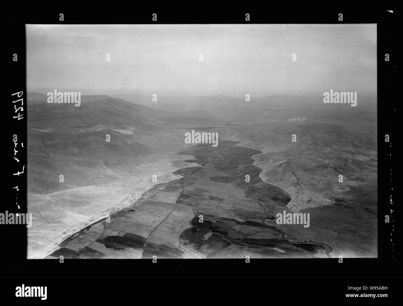 Air views of Palestine. Flying south over the Jordan Rift. Wady Faraa's ...