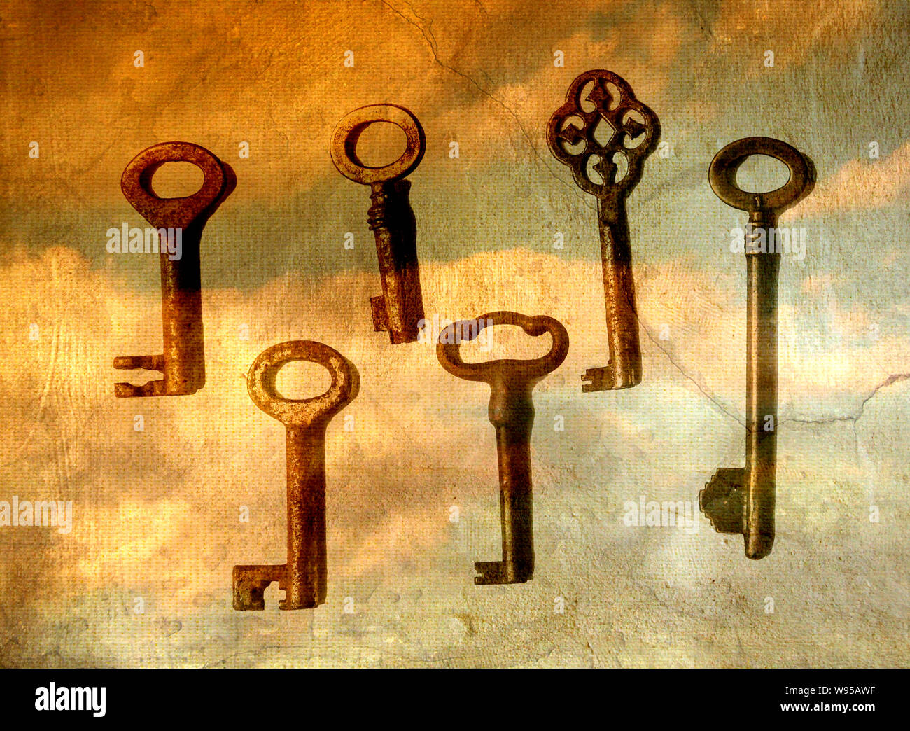 Collection of old rusty keys floating on a background of clouds Stock ...
