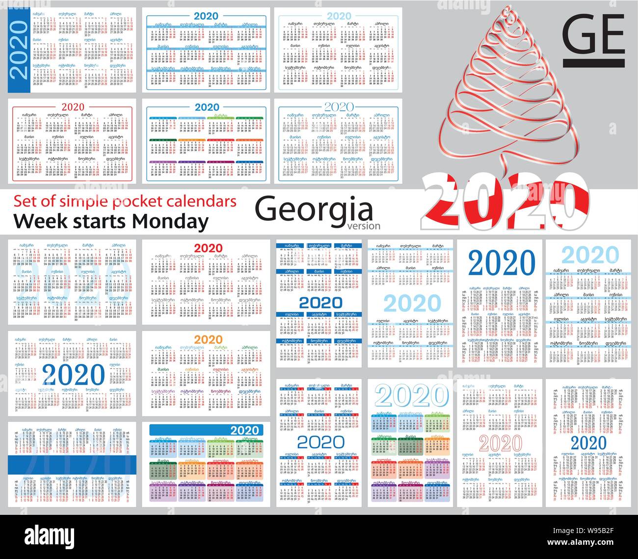 Georgia set of pocket calendars for 2020 (Two thousand nineteen). Week ...
