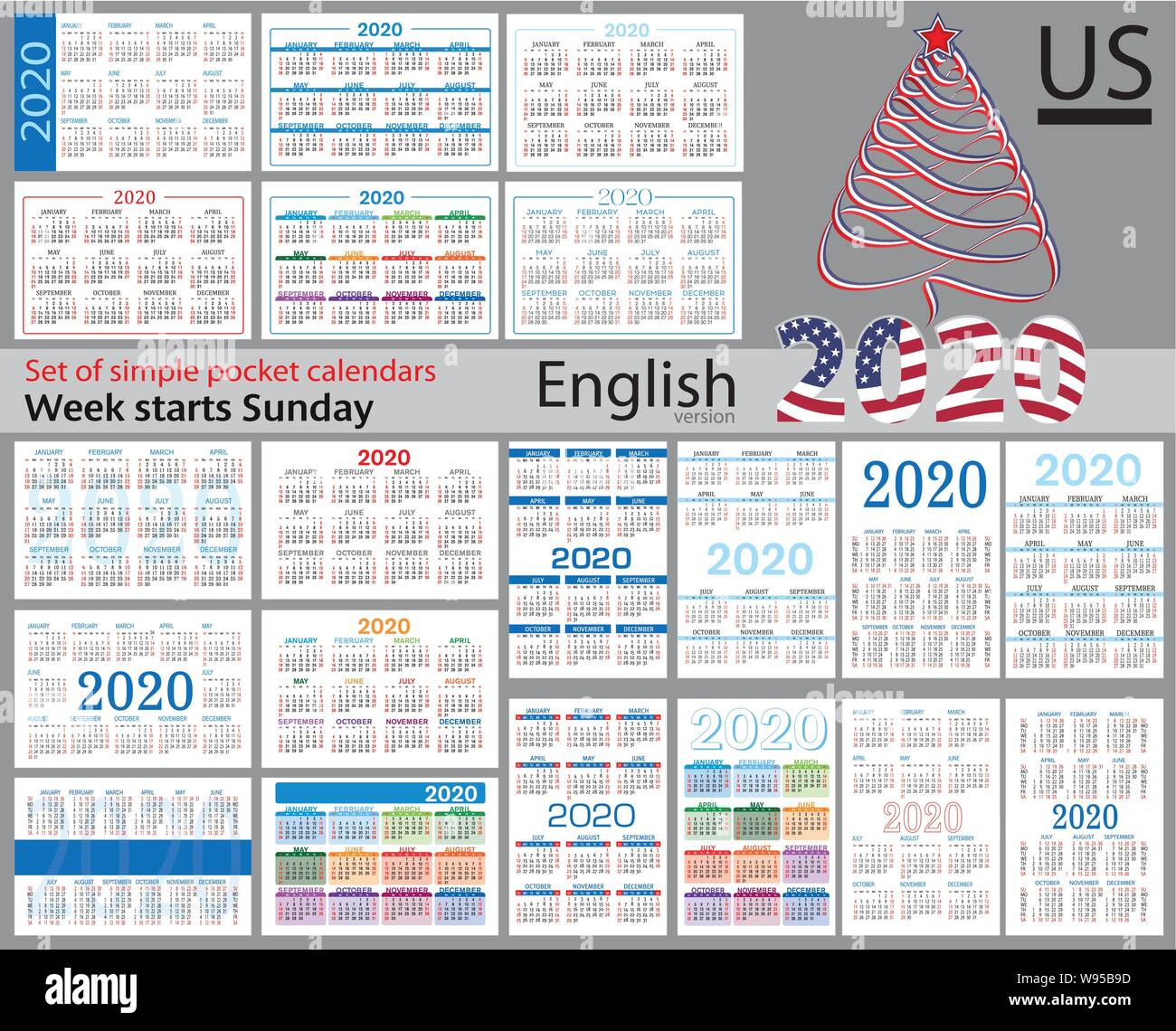 English set of pocket calendars for 2020 (Two thousand nineteen). Week ...